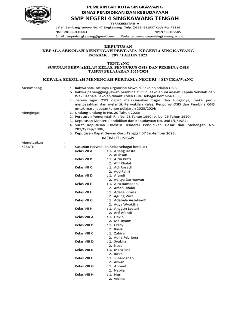 SK Pengurus Osis 2023 2024 | PDF