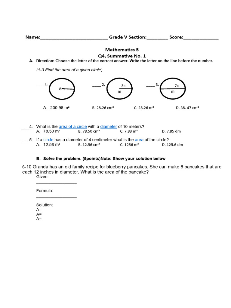 Mathematics Weekly Test Q4 Module 1 & 2 | PDF