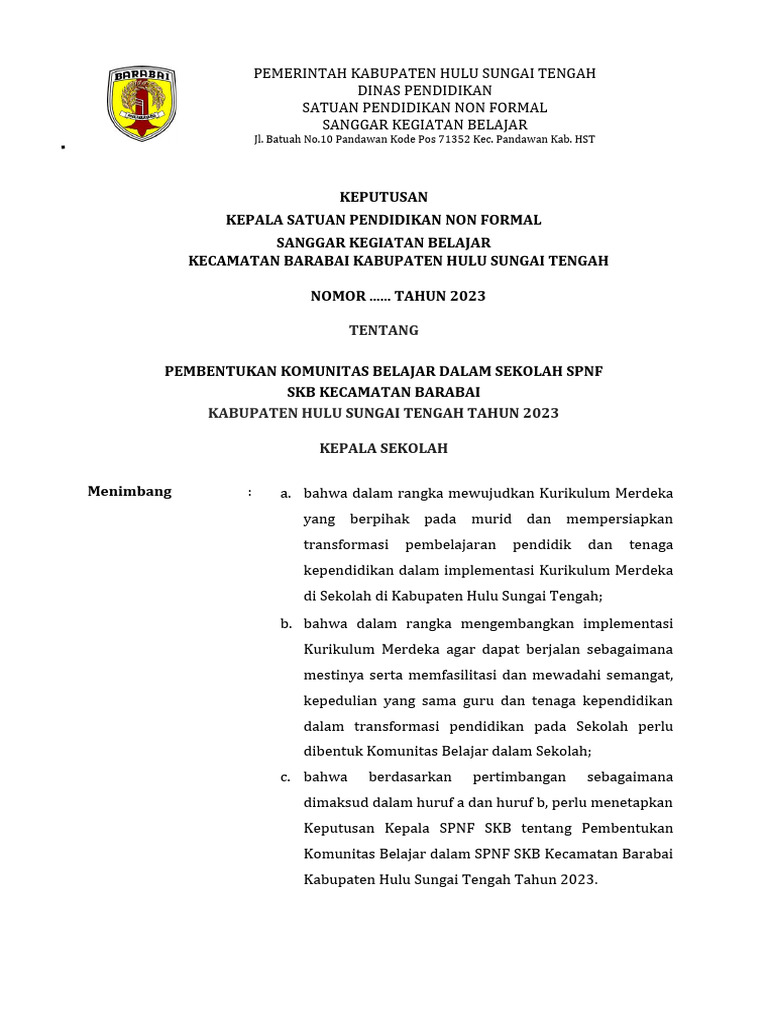 Format SK Komunitas Belajar Dalam Sekolah HST | PDF