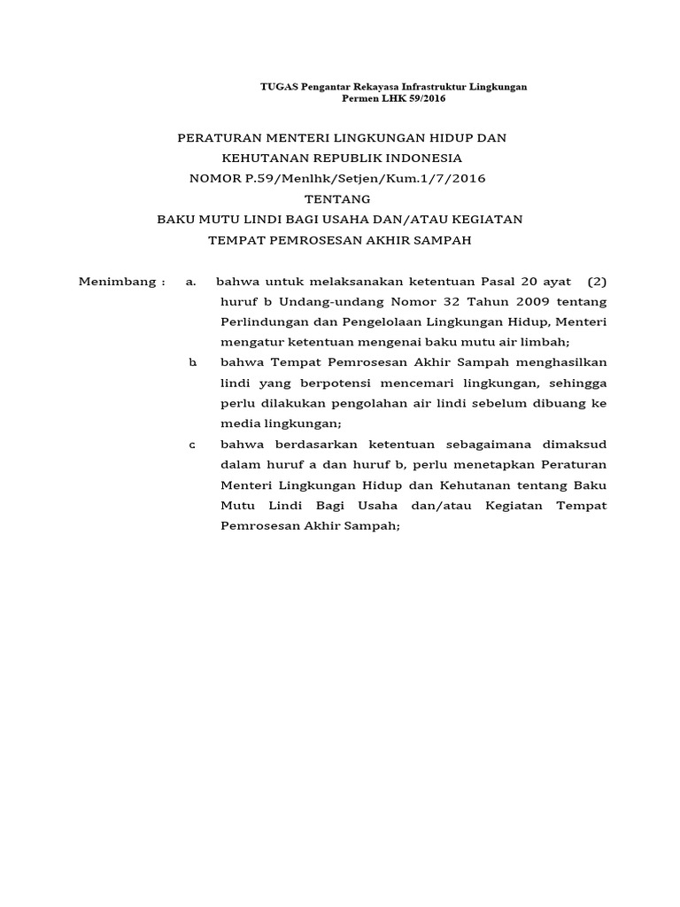 Permen LHK 59 Tahun 2016 Baku Mutu Air Lindi TPA 2 | PDF