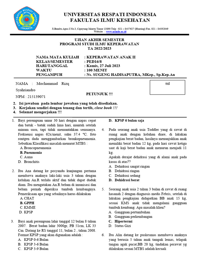 UAS Keperawatan Anak II PED 16 | PDF