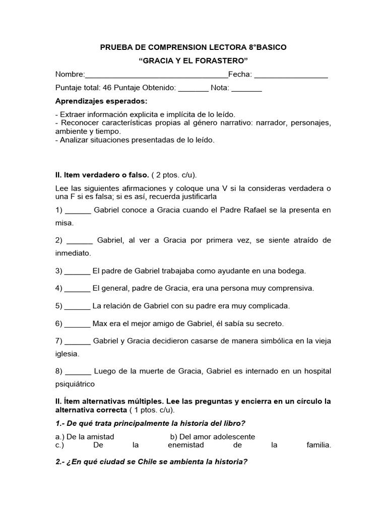 Prueba de Comprension Lectora 8 Basico Gracia y El Forastero | PDF