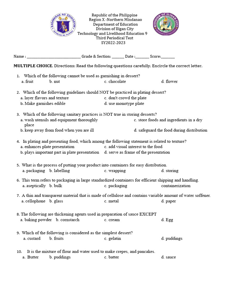 3rdQ EXAM TLE 9 | PDF | Desserts | Pudding