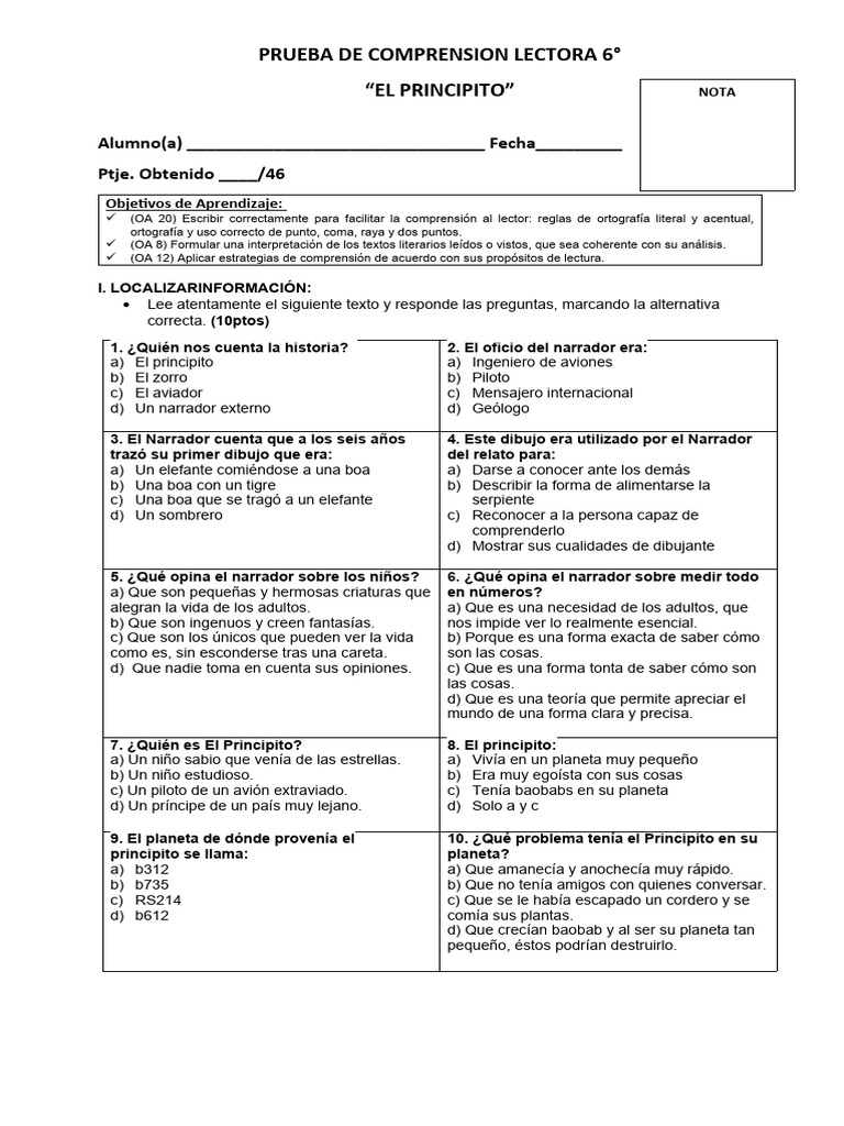 Prueba de Comprension Lectora El Principito 6 Basico | PDF