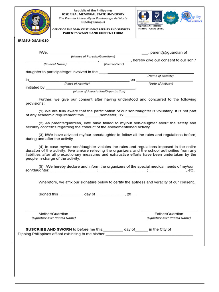 010 Jrmsu Dsas Parents Waiver and Consent Form | PDF | Justice | Crime & Violence