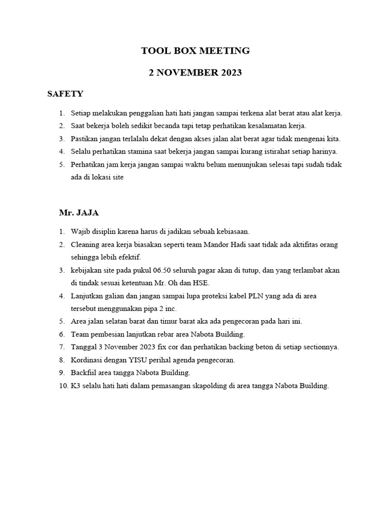 Rapat Keselamatan Kerja 2 November 2023 | PDF