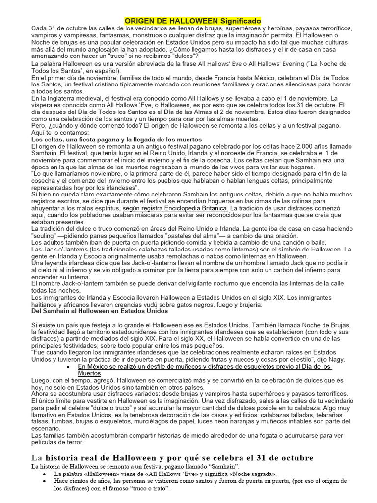 ORIGEN DE HALLOWEEN Significado | Descargar gratis PDF | Víspera de ...