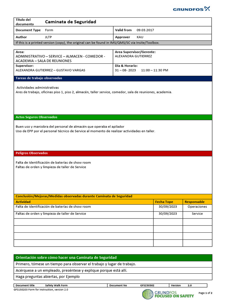 GFS230302 Safety Walk Form AGOSTO 2023 | PDF