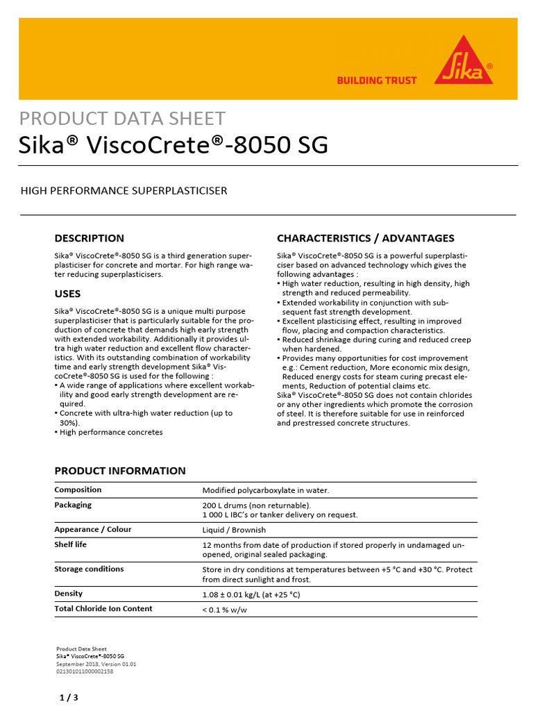 Sika Viscocrete - 8050sg | PDF | Concrete | Applied And ...