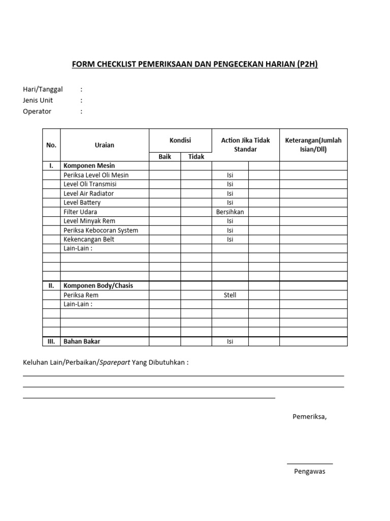 Form Checklist p2h Heavy Equipment | PDF