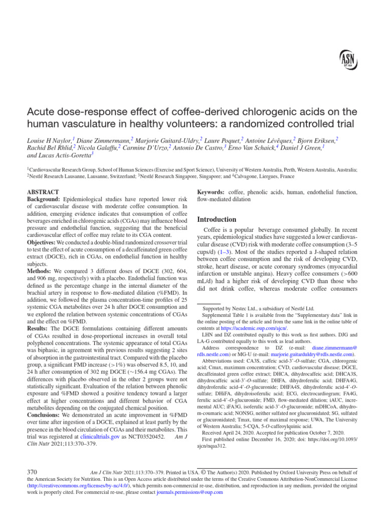 Acute Dose Response Effect of Coffee Derived Chlorogen - 2021 - The ...