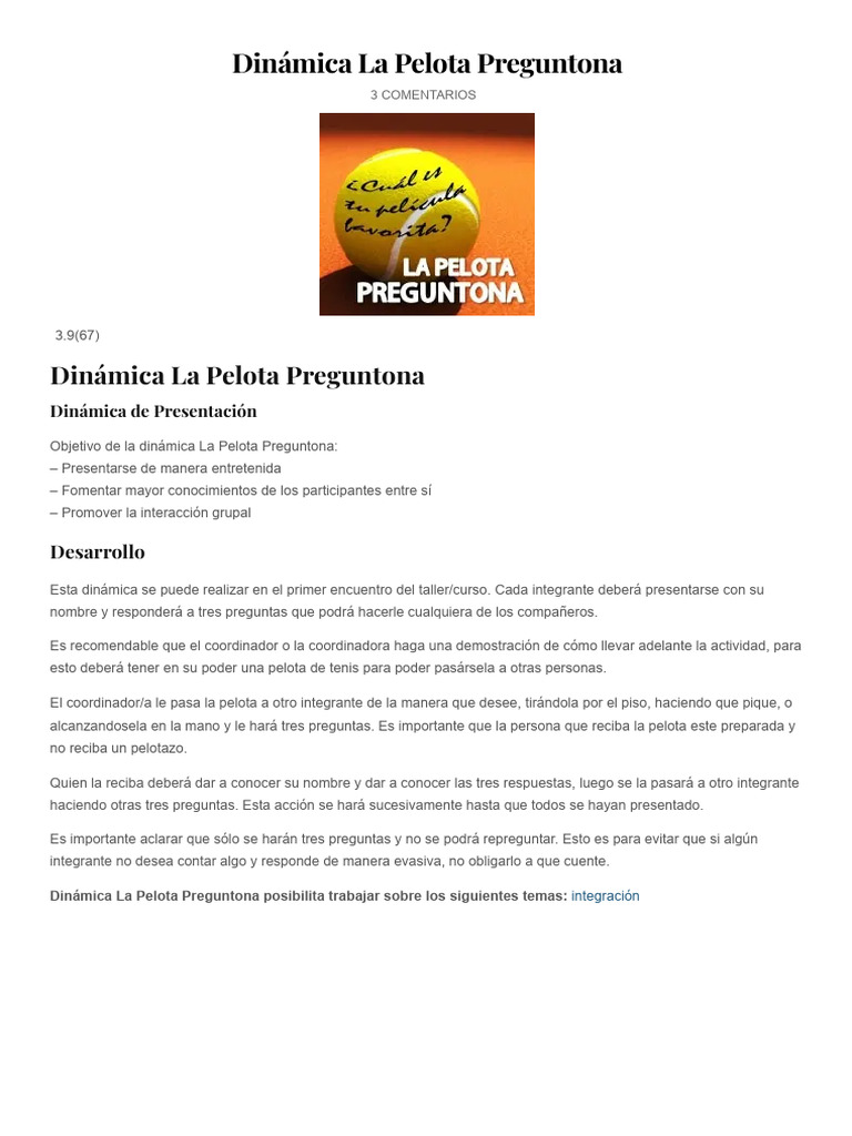 Dinámica La Pelota Preguntona - DINÁMICAS GRUPALES | PDF