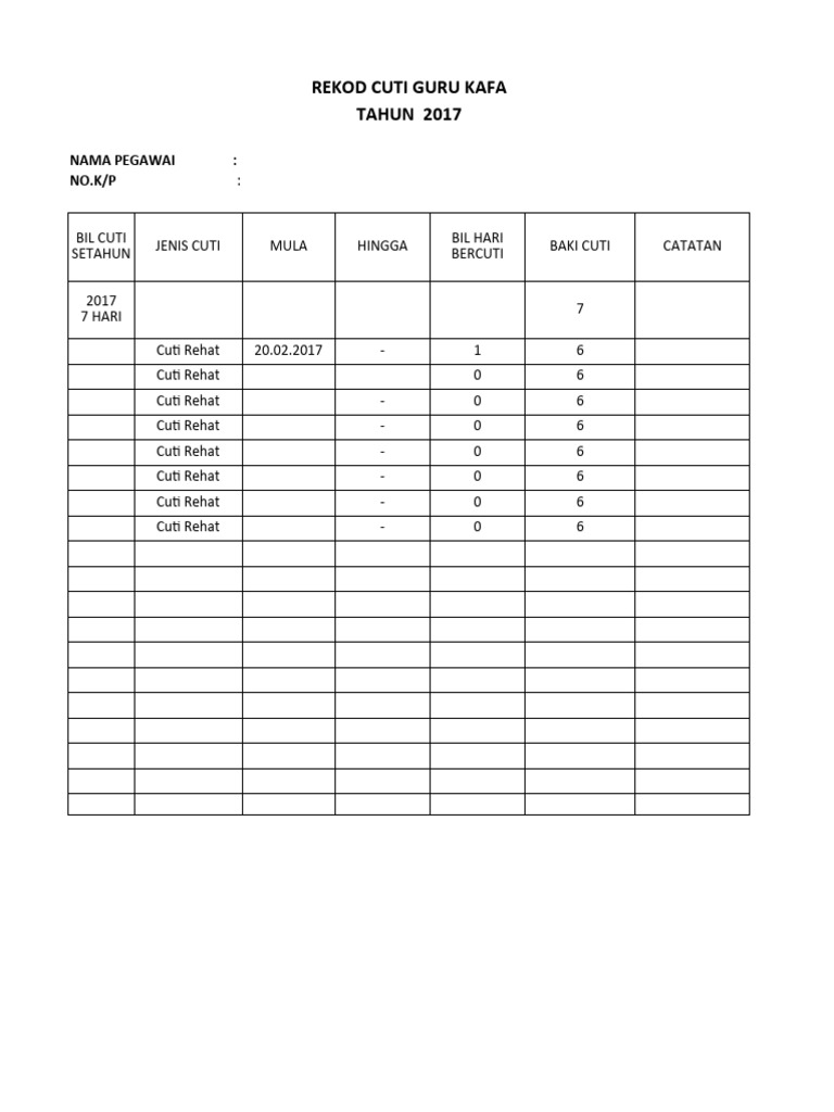 Rekod Cuti Guru Kafa 2017 | PDF