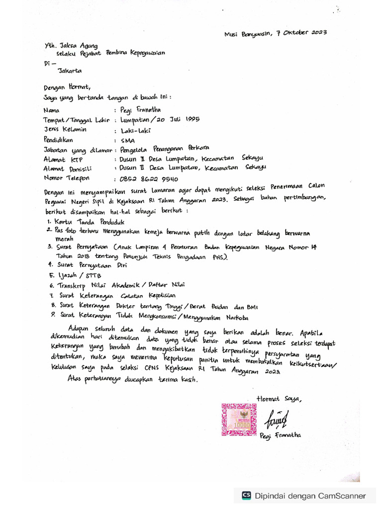 Surat Lamaran Pegi e Materai | PDF