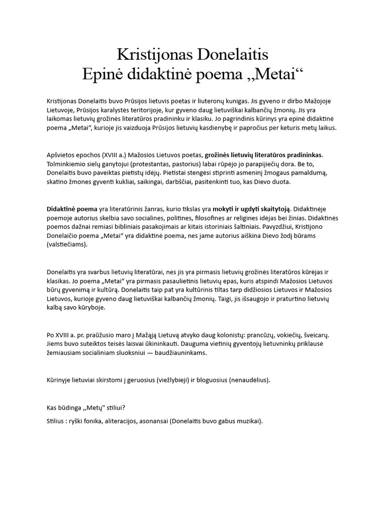 Kristijonas Donelaitis Metai | PDF