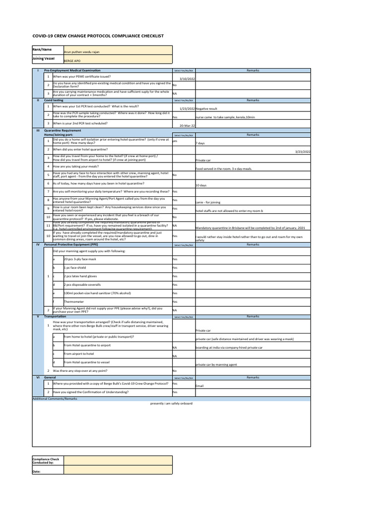 Crew Change Protocol Checklist | PDF | Quarantine | Personal Protective ...