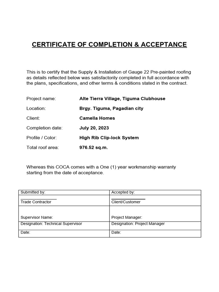 Sample Certificate Of Completion And Acceptance Pdf