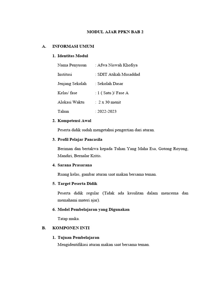 Afwa - Modul Ajar Lengkap PPKN 2 | PDF