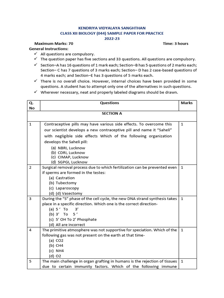 Class Xii Sample Question Paper Biology 2022 Pdf Reproduction Sewage 