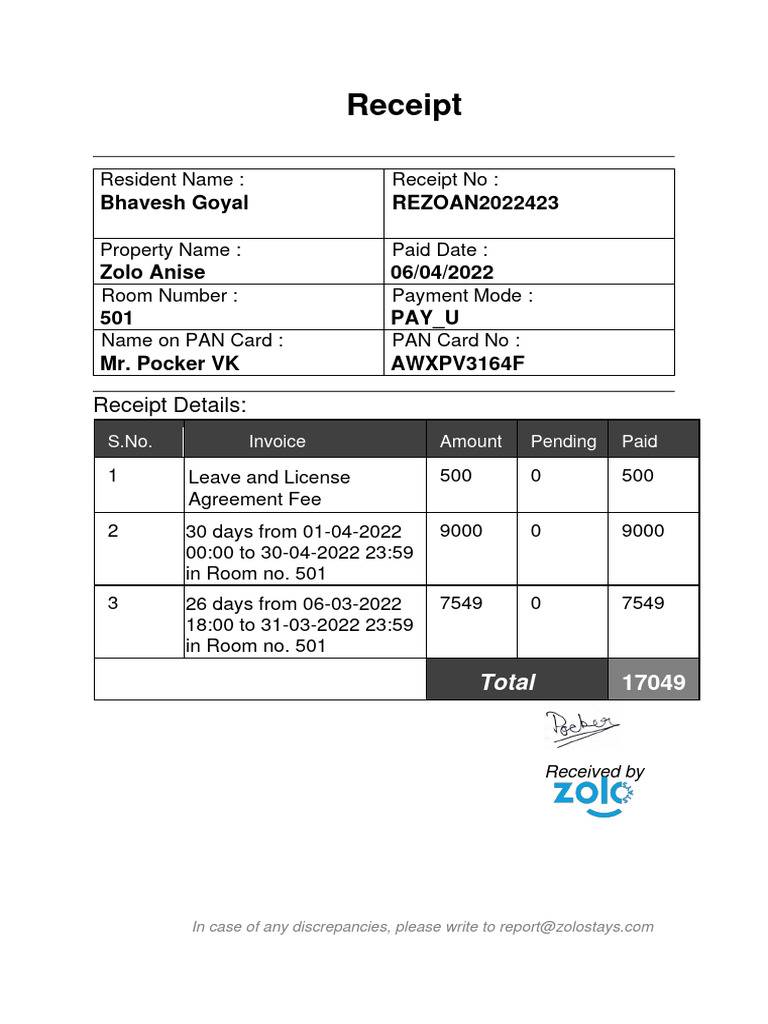Zolo Anise Payment Receipt Details | PDF