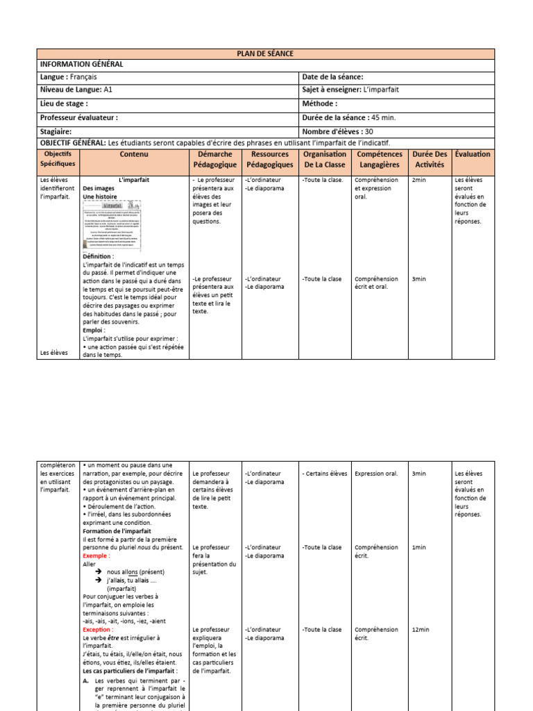 PLAN DE SÉANCE Imparfait | PDF | Verbe | Pédagogie