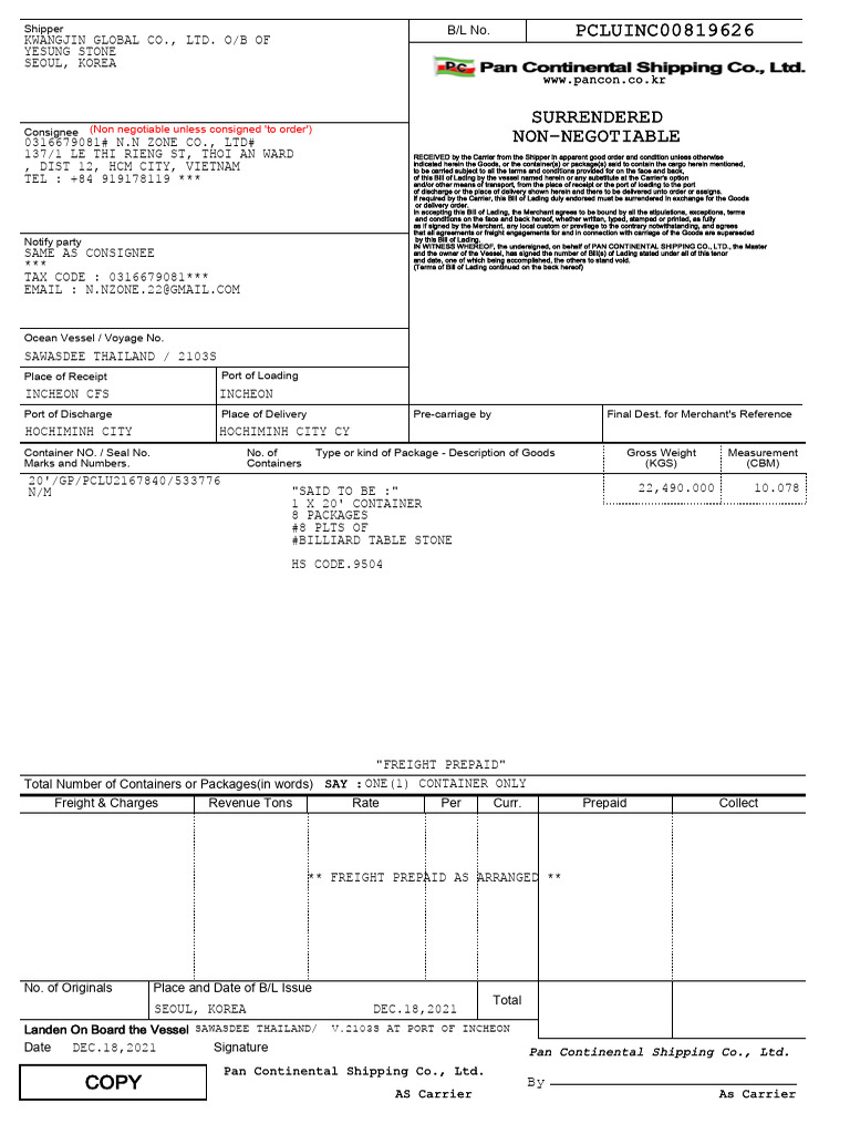 Surrendered Bill of Lading Details | PDF | Bill Of Lading | Cargo