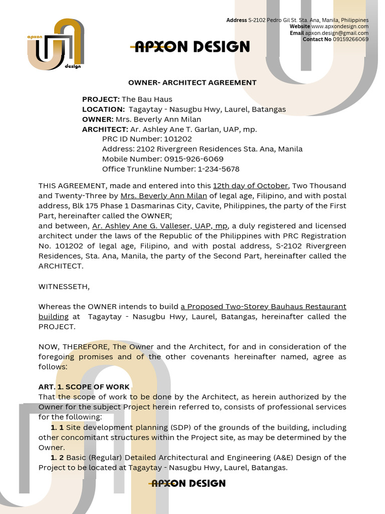 Owner-Architect Agreement Example | PDF | Architect | Specification (Technical Standard)