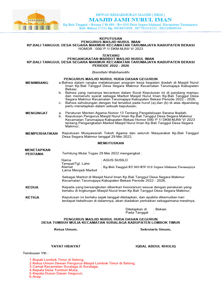 SK Marbot Masjid Nurul Iman | PDF