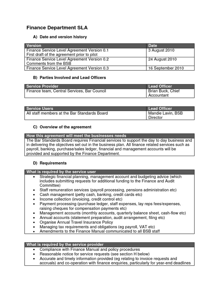 Finance Department SLA Overview | PDF | Credit Card | Payments