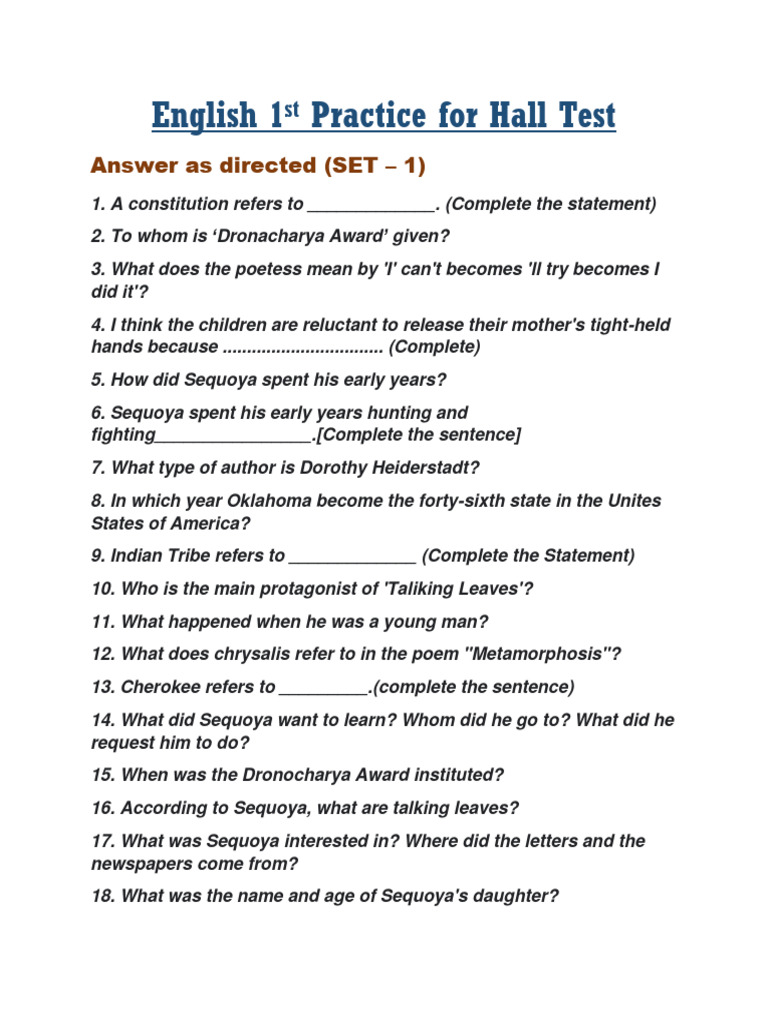 English 1st Practice For Hall Test | PDF