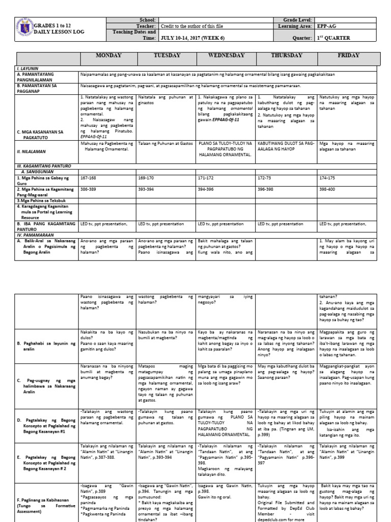 DLL - Epp-Ag 4 - Q1 - W6 | PDF