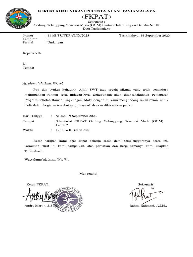 Surat Undangan Pemaparan Program Sekolah Ramah Lingkungan. 2 | PDF