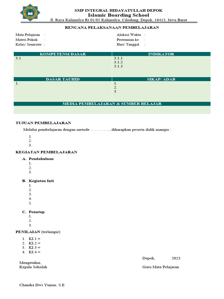 FORMAT RPP KIBT Dan RUBRIK PENILAIAN | PDF