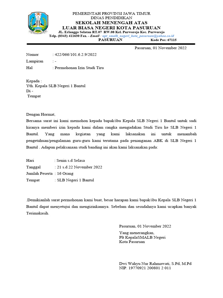 Surat Permohonan Studi Tiru SLB | PDF