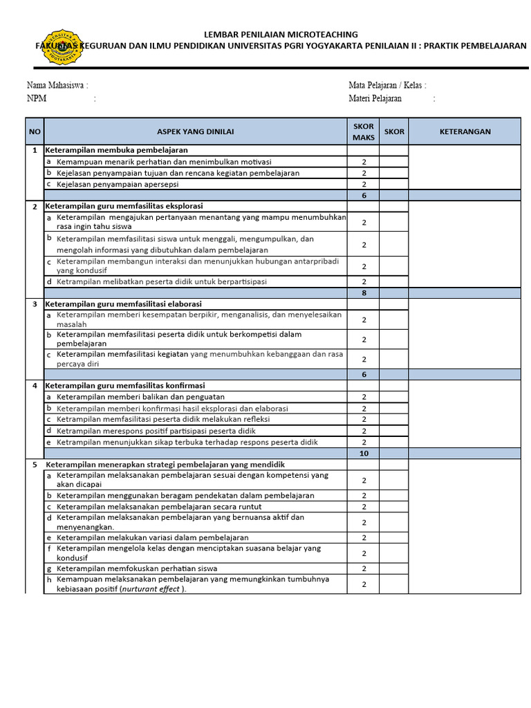 Instrumen Penilaian Microteaching 2021 PRAKTIK PEMBELAJARAN | PDF