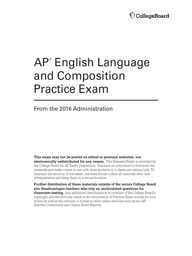 2016 AP English Language and Composition Practice Exam MCQ Multiple ...