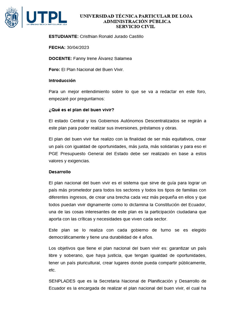 Foro El Plan Nacional Del Buen Vivir | PDF