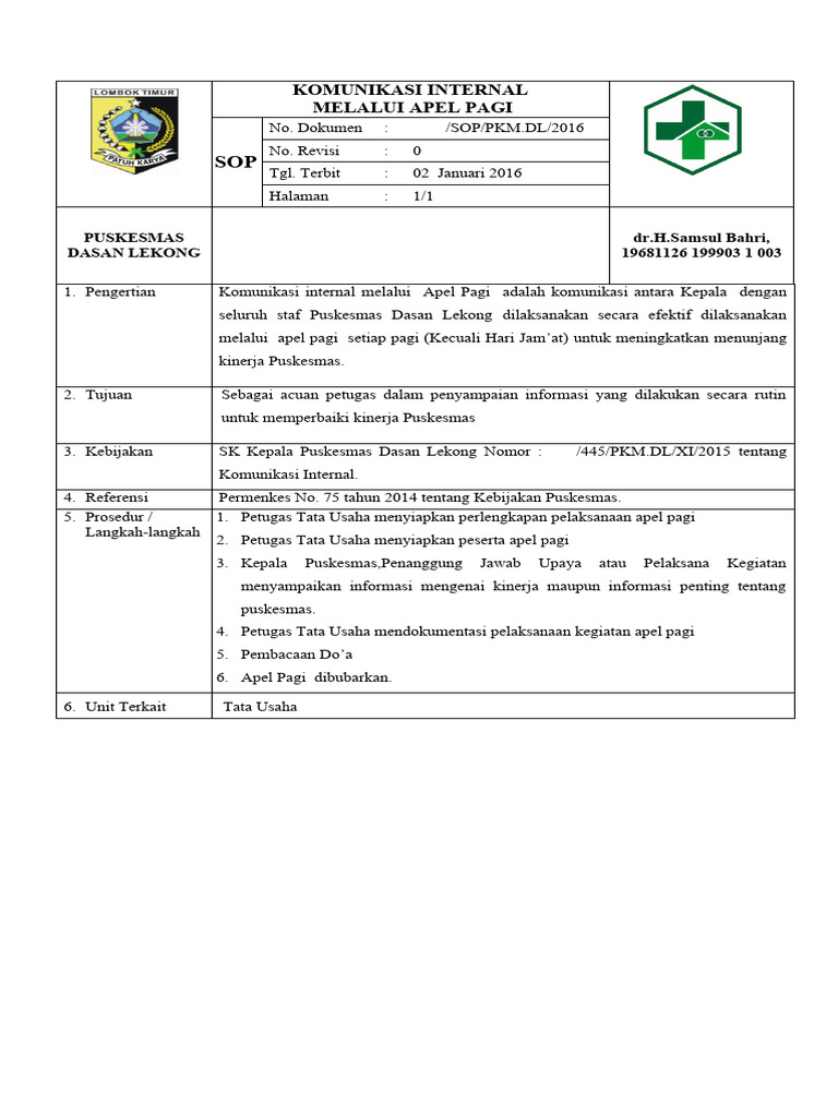 SOP Komunikasi Internal Melalui APEL PAGI | PDF