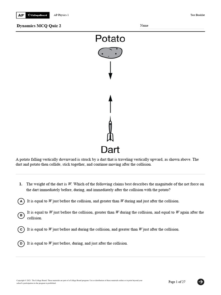 AP Physics 1 02DynamicsMCQ Quiz2 | PDF