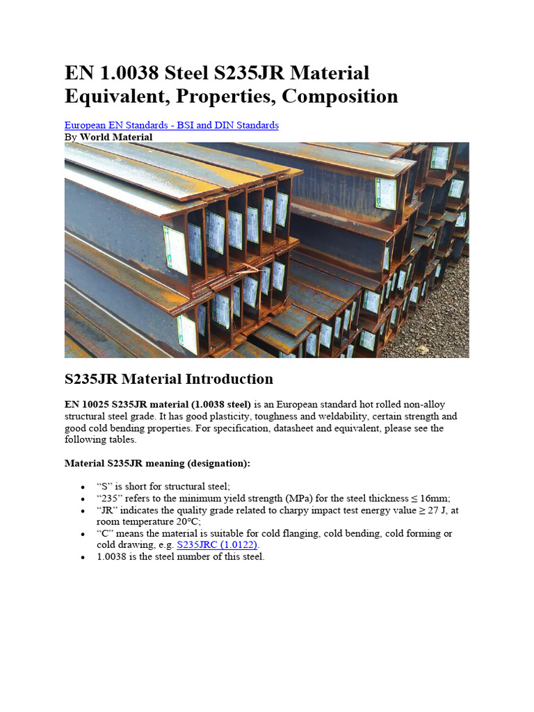 MATERIAL - S235JR (1.0038) - Datasheet | PDF | Steel | Structural Steel