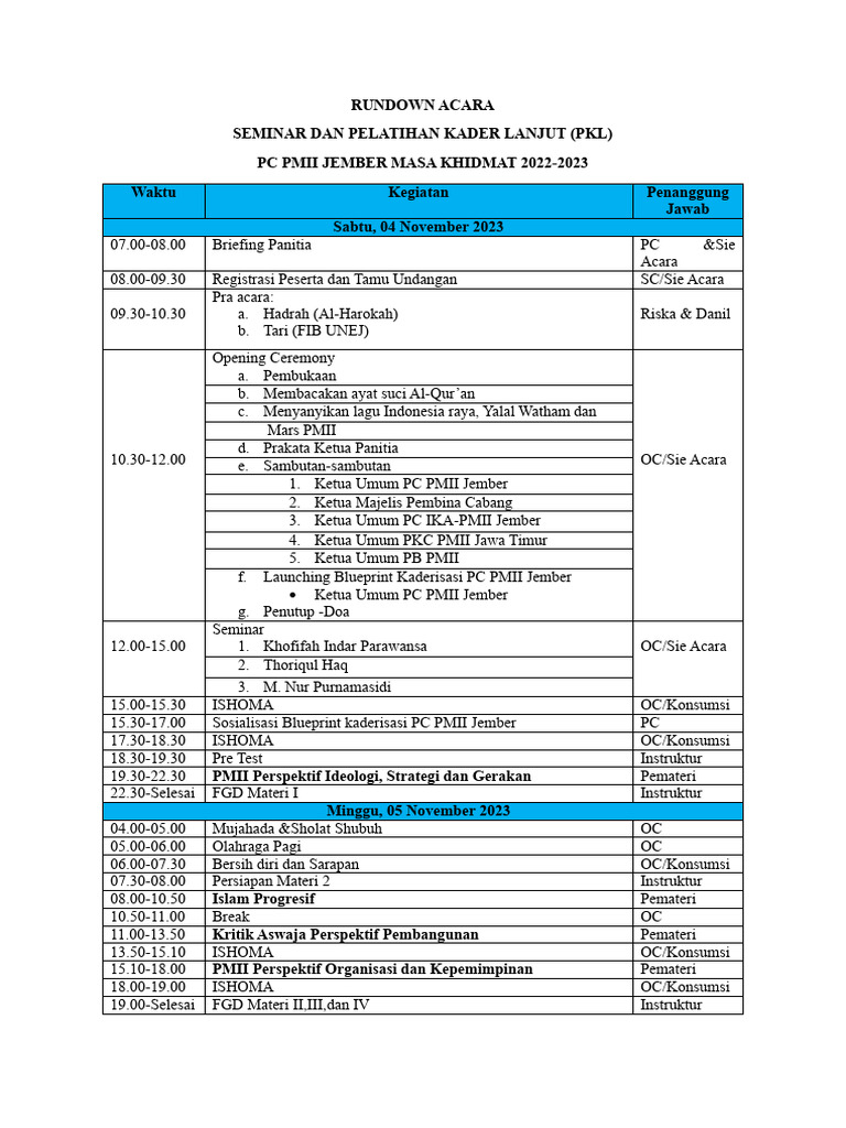Rundown Seminar PKL PMII Jember 2023 | PDF