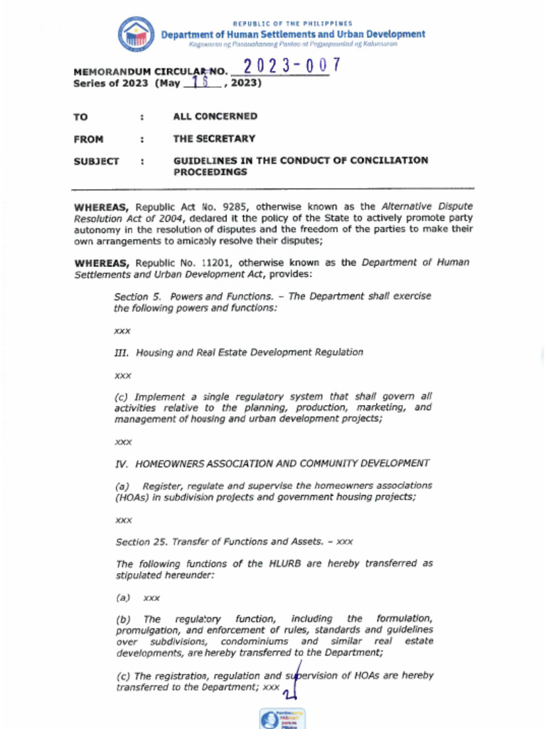DHSUD Memorandum Circular No. 2023-007 Conciliation Guidelines | PDF