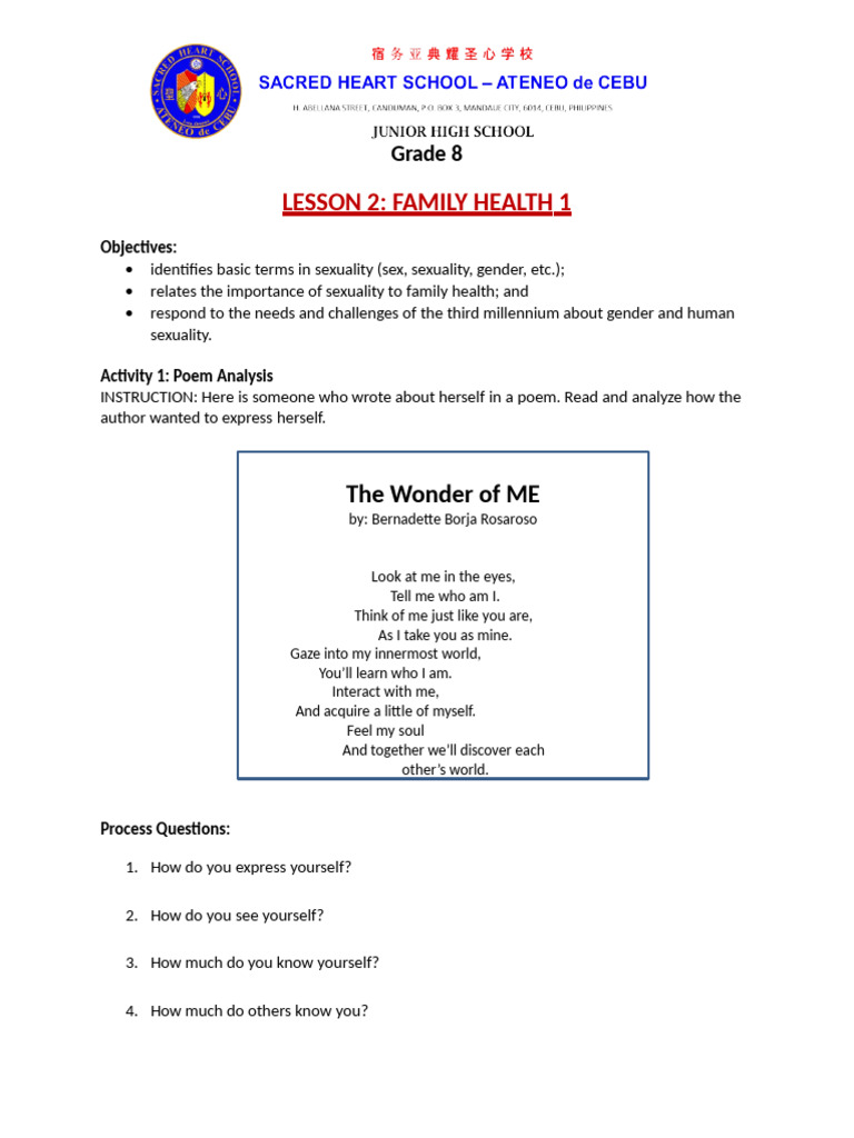 Family Health and Sexuality in Grade 8 | PDF