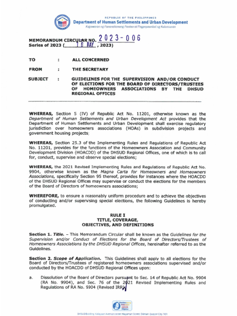DHSUD Memorandum Circular No. 2023-006 Supervision and Conduct of Election Guidelines | PDF