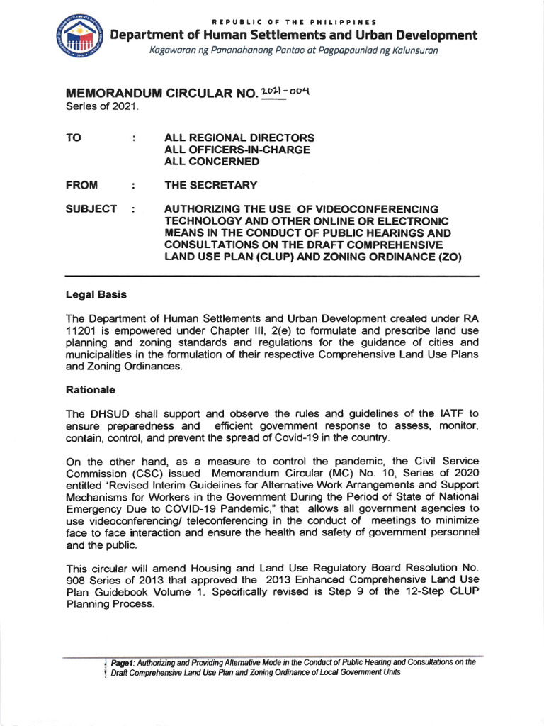 DHSUD Memorandum - Circular - No.2021-004 - Video Conferencing For CLUP Consultations | PDF