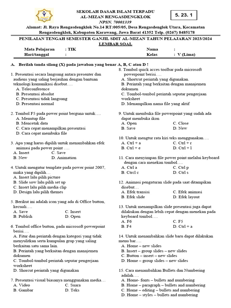 Soal PTS Tik Kelas 5 Semester Ganjil 20203 | PDF