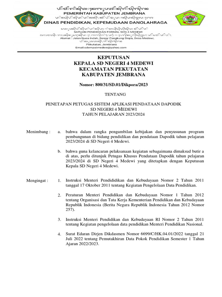 SK Operator Dapodik 2023-2024 | PDF