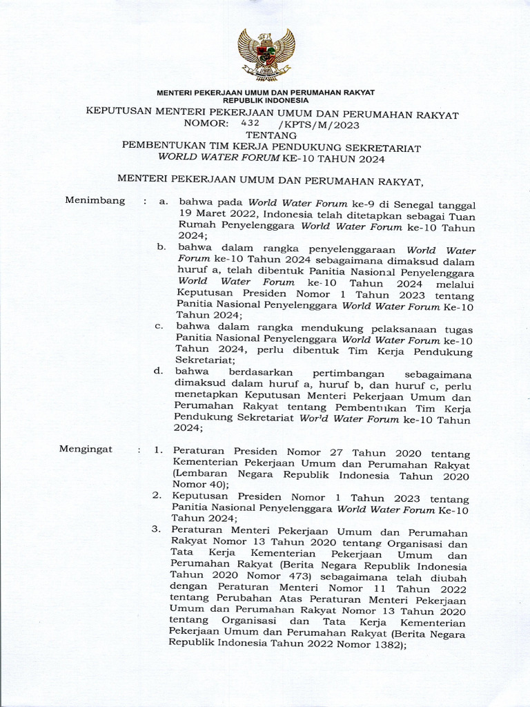 KEPMEN PUPR Tahun 2023 Tentang Pembentukan Tim Kerja Pendukung Sekretariat WWF Ke-10 Tahun 2024 ...