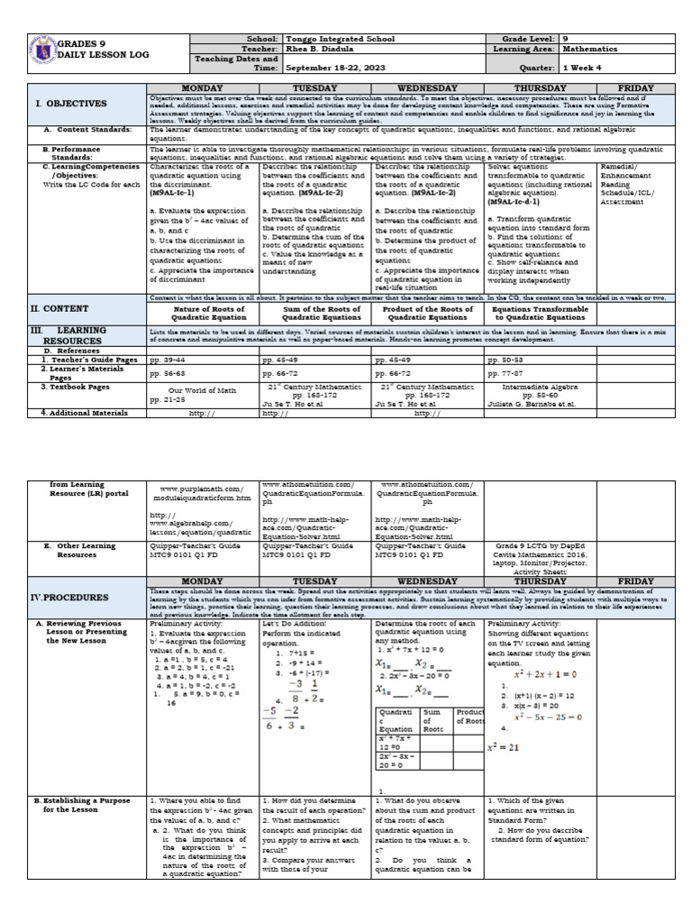 DLL-Math 9 Quarter 1week 4 SY 2023-2024 | PDF | Quadratic Equation ...
