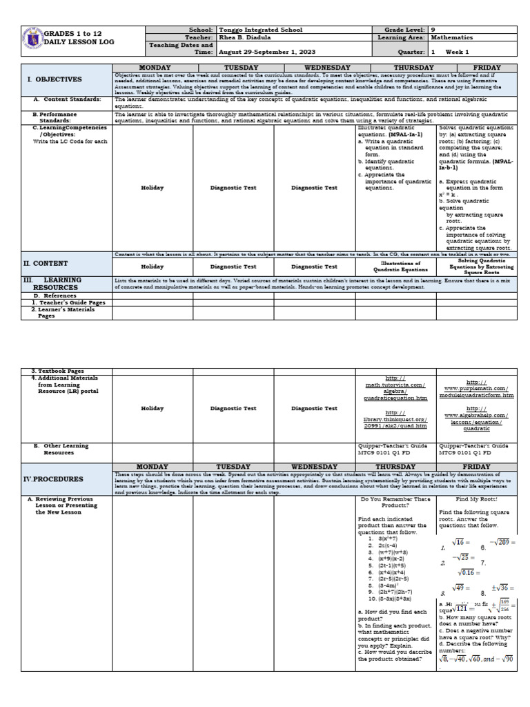 DLL-Math 9 Quarter 1 Week 1 SY 2023-2024 | PDF | Quadratic Equation ...
